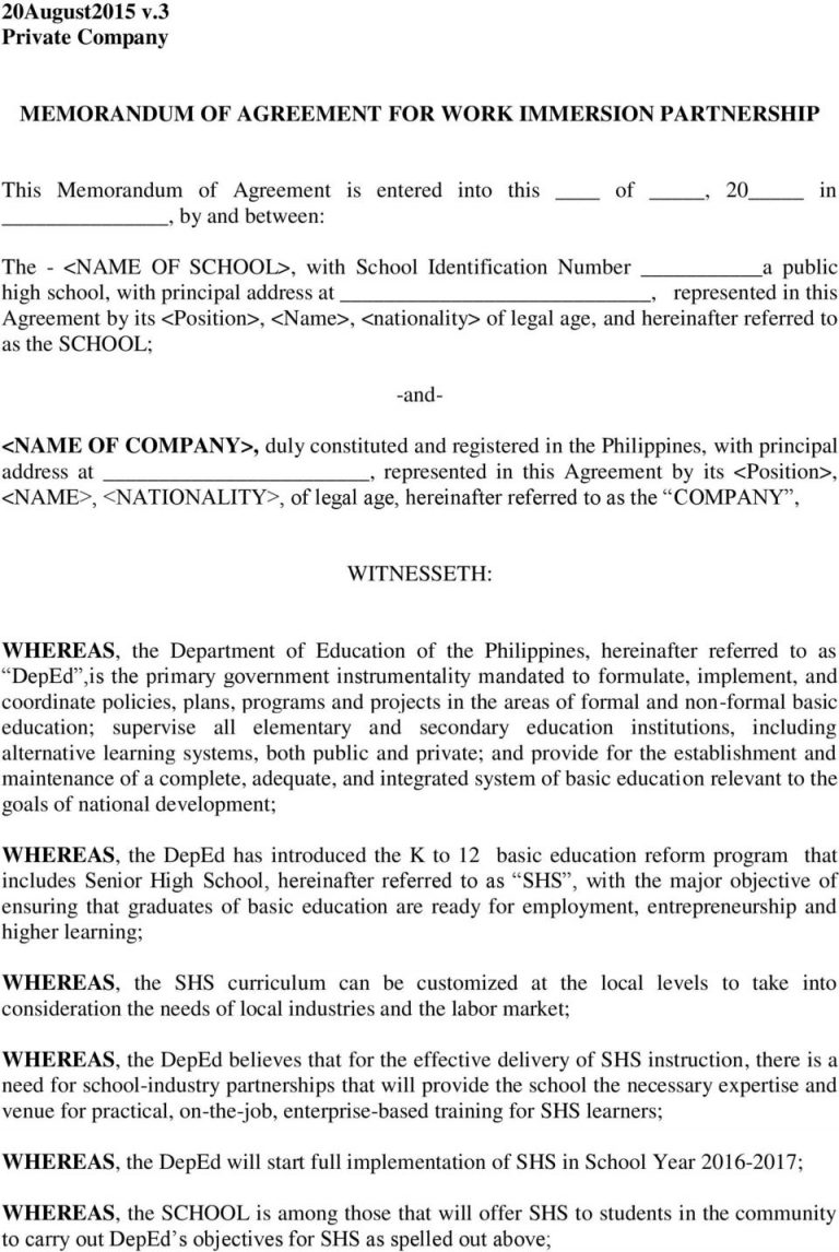 Business Partnership Agreement Between Two Companies Memorandum Of ...