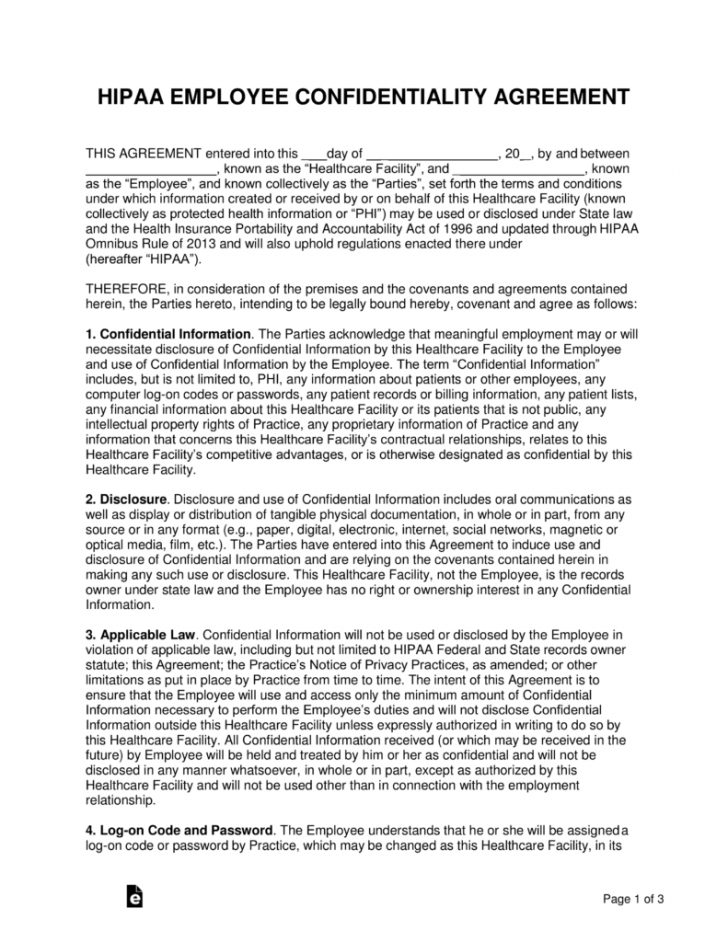 Employee Confidentiality Agreement Form Free Hipaa Employee ...