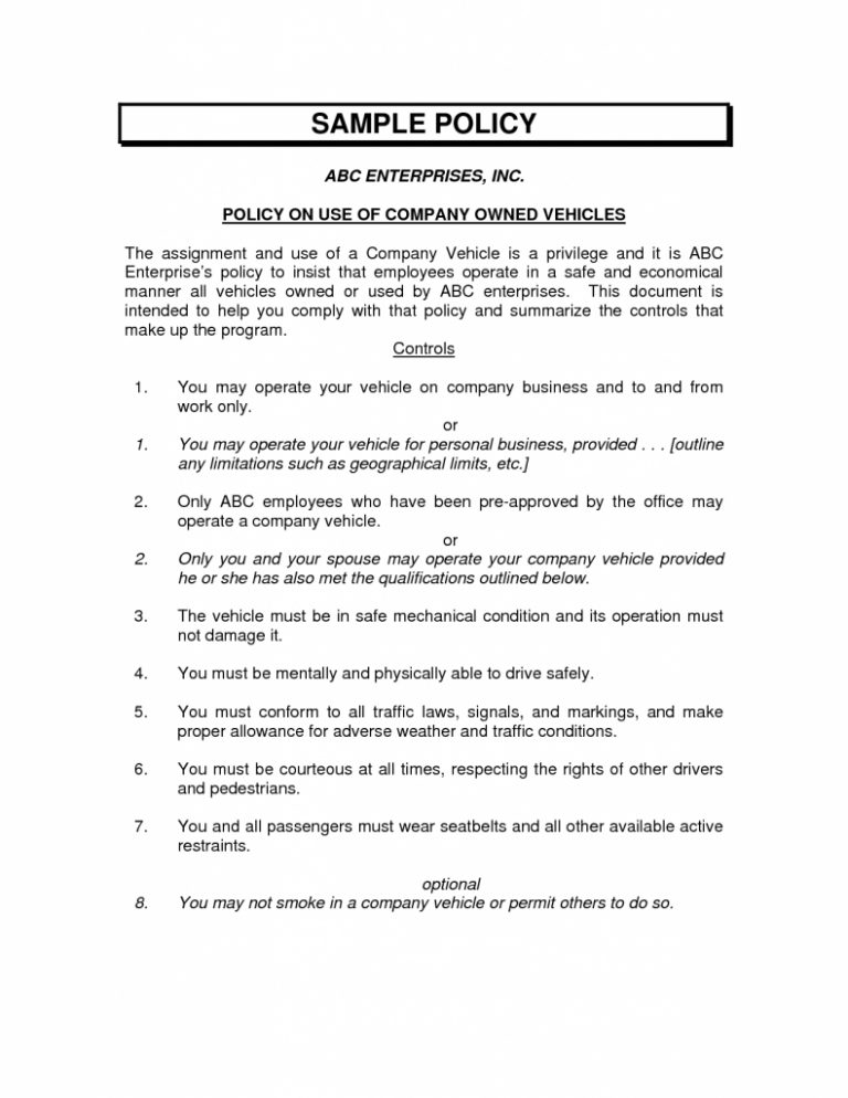 Employee Vehicle Use Agreement Template Sample Company Car Policy Under ...