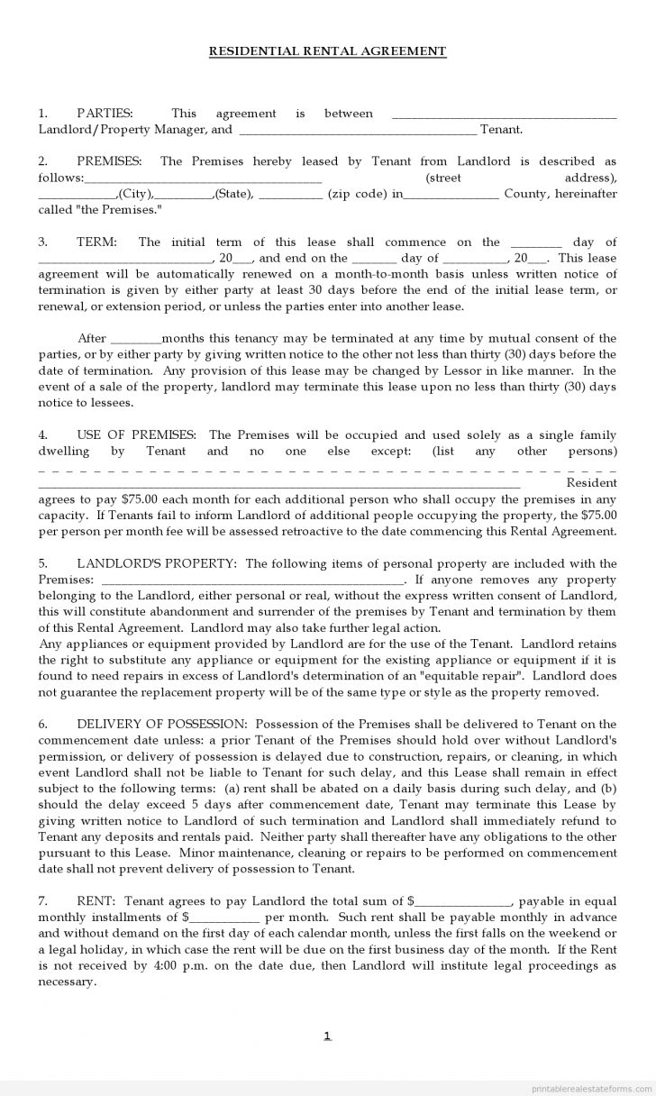 Examples Of Lease Agreements Free Printable Residential Lease