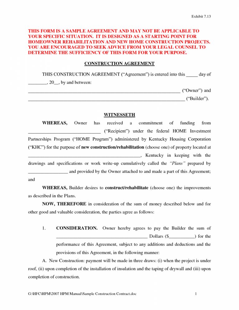 Free Construction Contract Agreement Template Free Contract Agreement ...