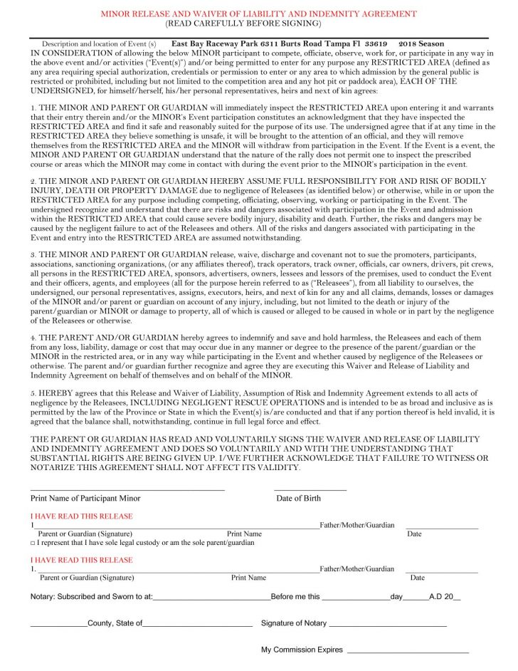 Liability Release Agreement Minor Release And Waiver Of Liability And ...