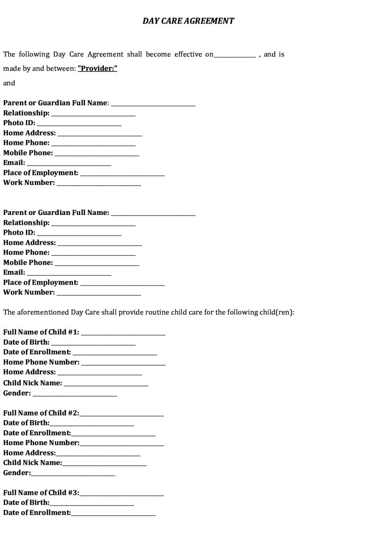 Parent Child Care Provider Agreement Daycare Contract Form Fillable Pdf ...
