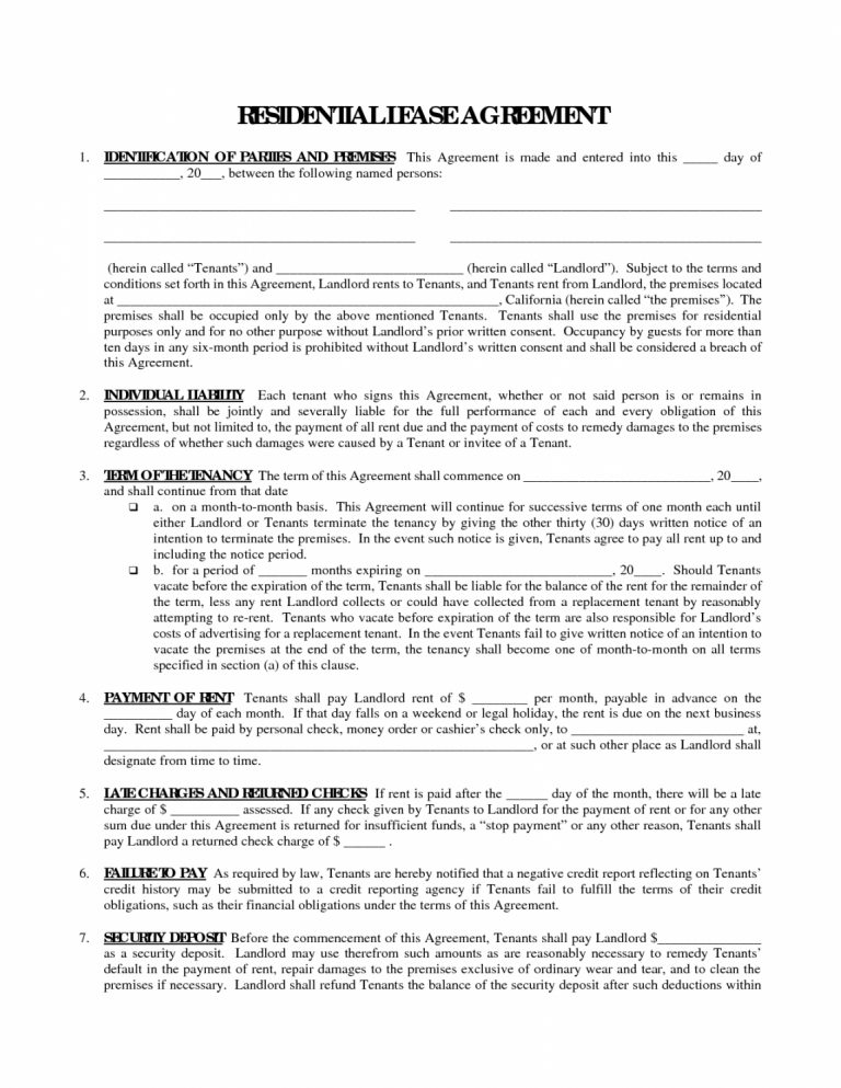 Printable Lease Agreement Free Printable Residential Free House Lease ...