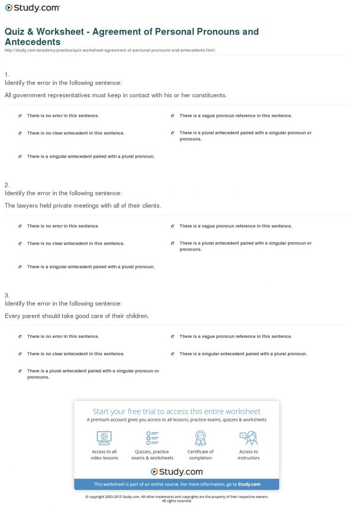 Pronoun Antecedent Agreement Worksheet Quiz Worksheet Agreement Of ...