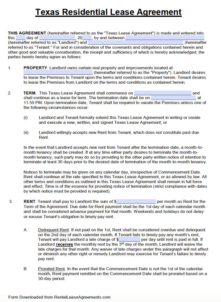 Room Rental Agreement Texas Free Texas Standard Residential Lease ...