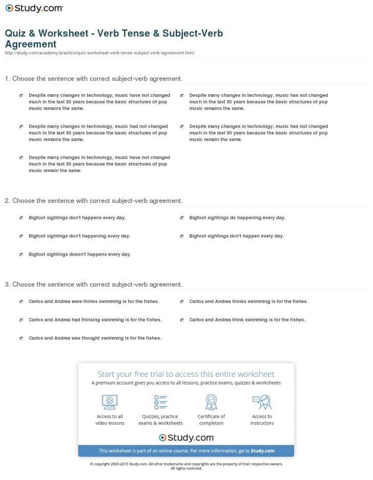 Subject Of Verb Agreement Quiz Worksheet Verb Tense Subject Verb ...