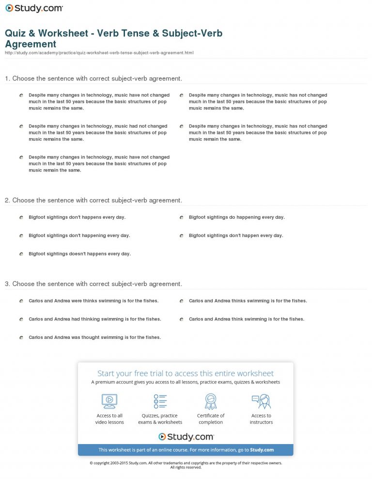 Subject Of Verb Agreement Quiz Worksheet Verb Tense Subject Verb ...