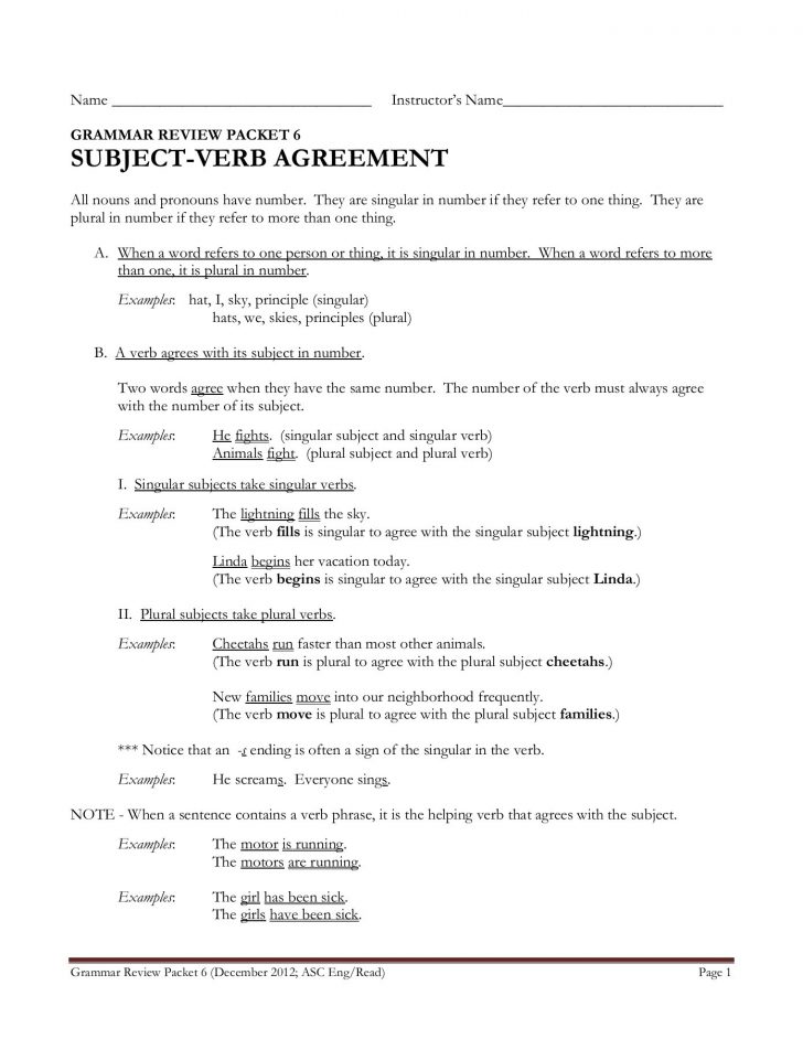 Subject Verb Agreement Grammar Review Packet 6 Subject Verb Agreement ...