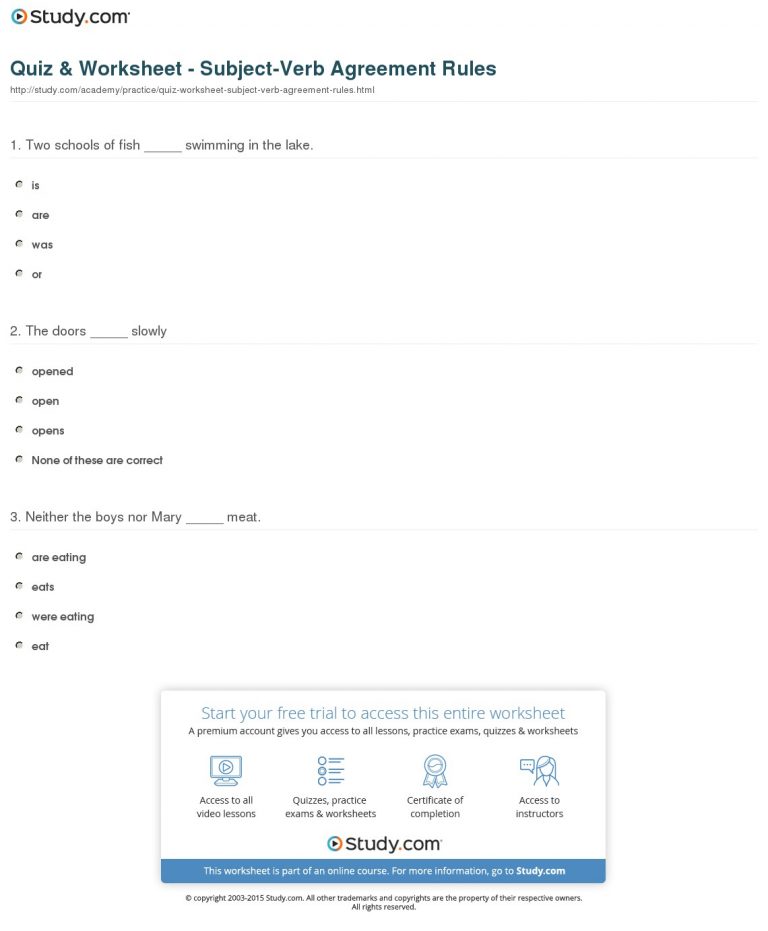 Subject Verb Agreement Quiz With Answer Keys Quiz Worksheet Subject ...