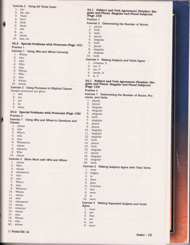 Subject Verb Agreement Quiz With Answer Keys Subject Verb Key 134 136 ...