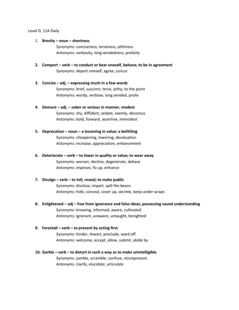 Synonym For In Agreement Level D Vocabulary 11a Includes Word List ...