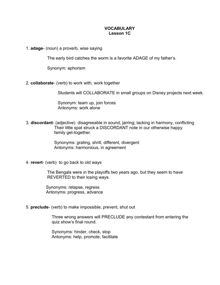 Synonym For In Agreement Vocabulary Lesson 1c Adage Noun A Proverb Wise ... Synonym For In Agreement Vocabulary Lesson 1c Adage Noun A Proverb Wise ...