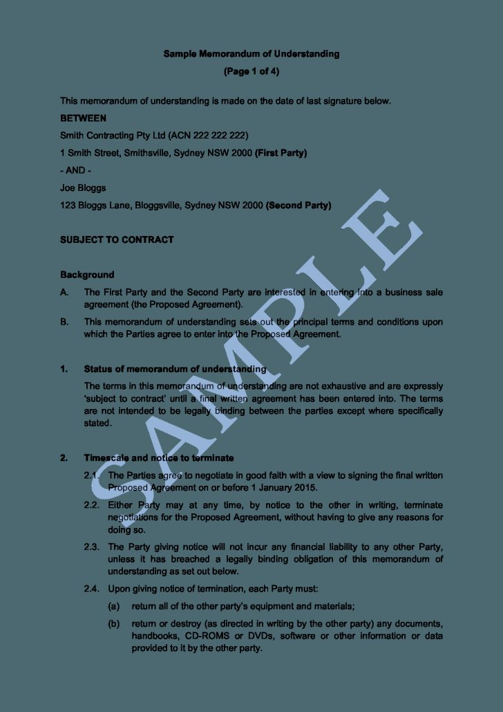 Understanding Agreement Sample Memorandum Of Understanding Free ...