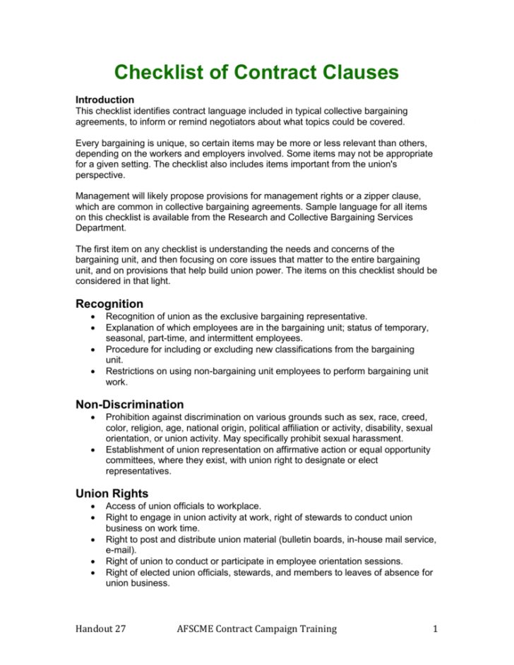 Workers Agreement Sample Checklist Of Contract Clauses - letterify.info